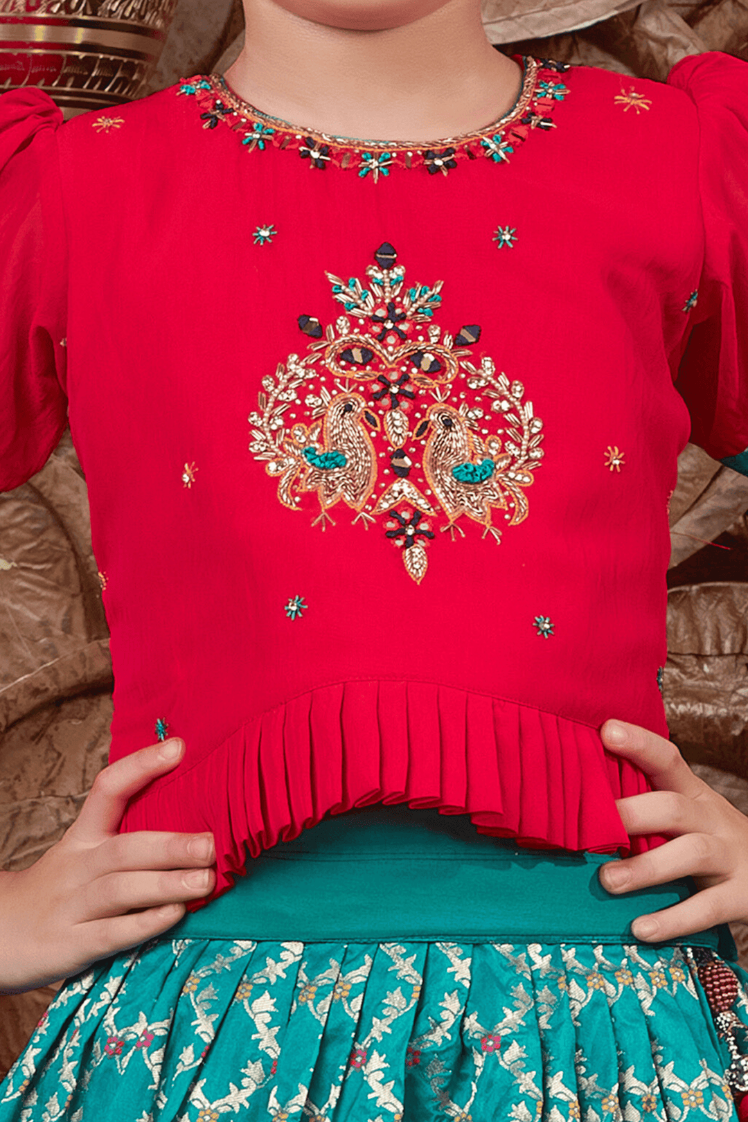 Rani Pink with Rama Green Banaras, Stone, Mirror and Beads work Leheng ...