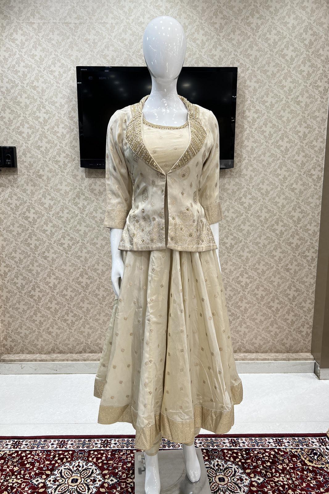 Golden Beige Anarkali Style Salwar Suit with Overcoat and Gathering Pa ...