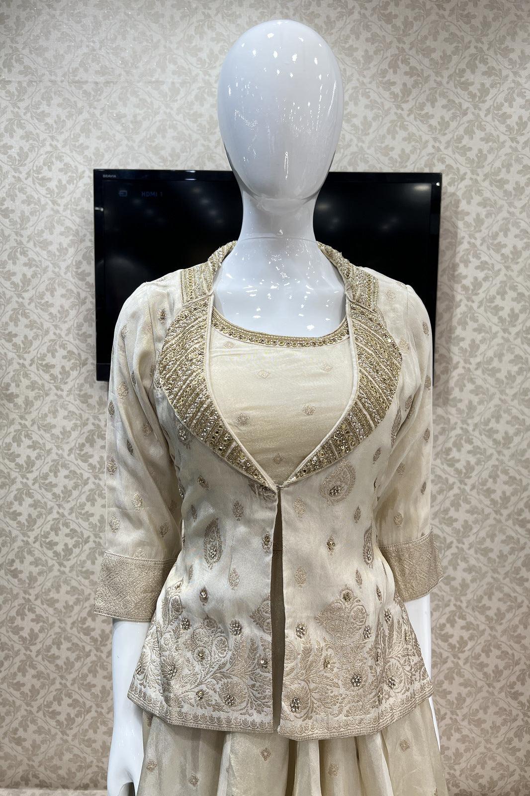 Golden Beige Anarkali Style Salwar Suit with Overcoat and Gathering Pa ...