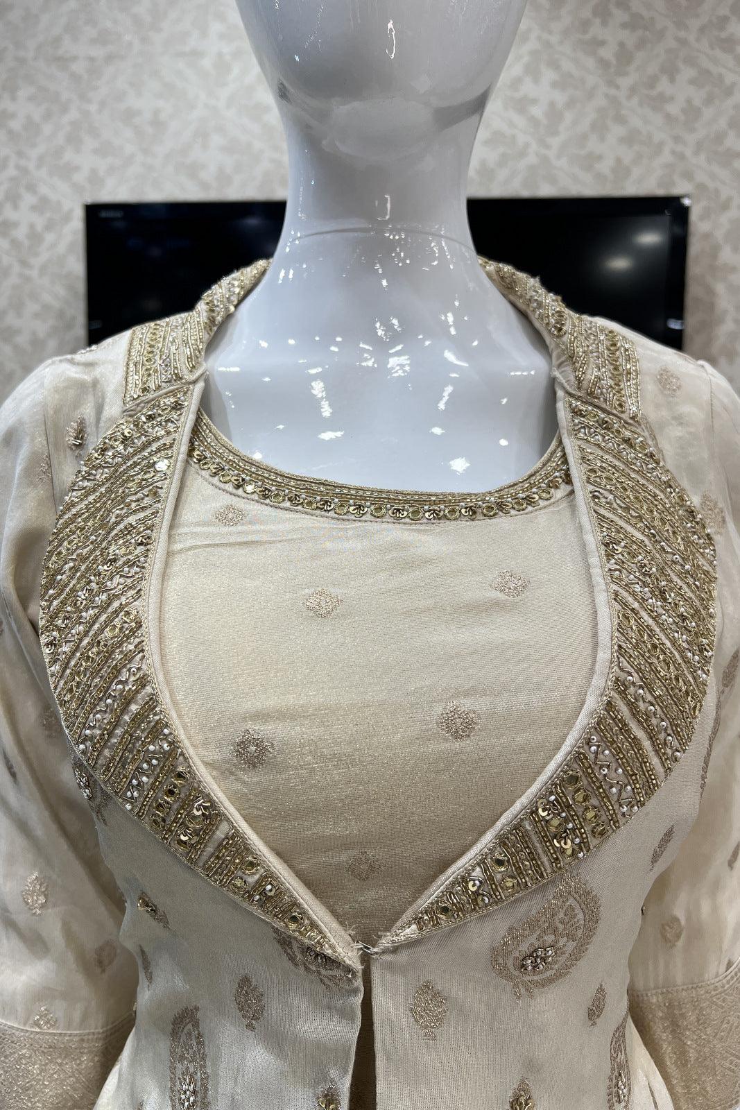 Golden Beige Anarkali Style Salwar Suit with Overcoat and Gathering Pa ...