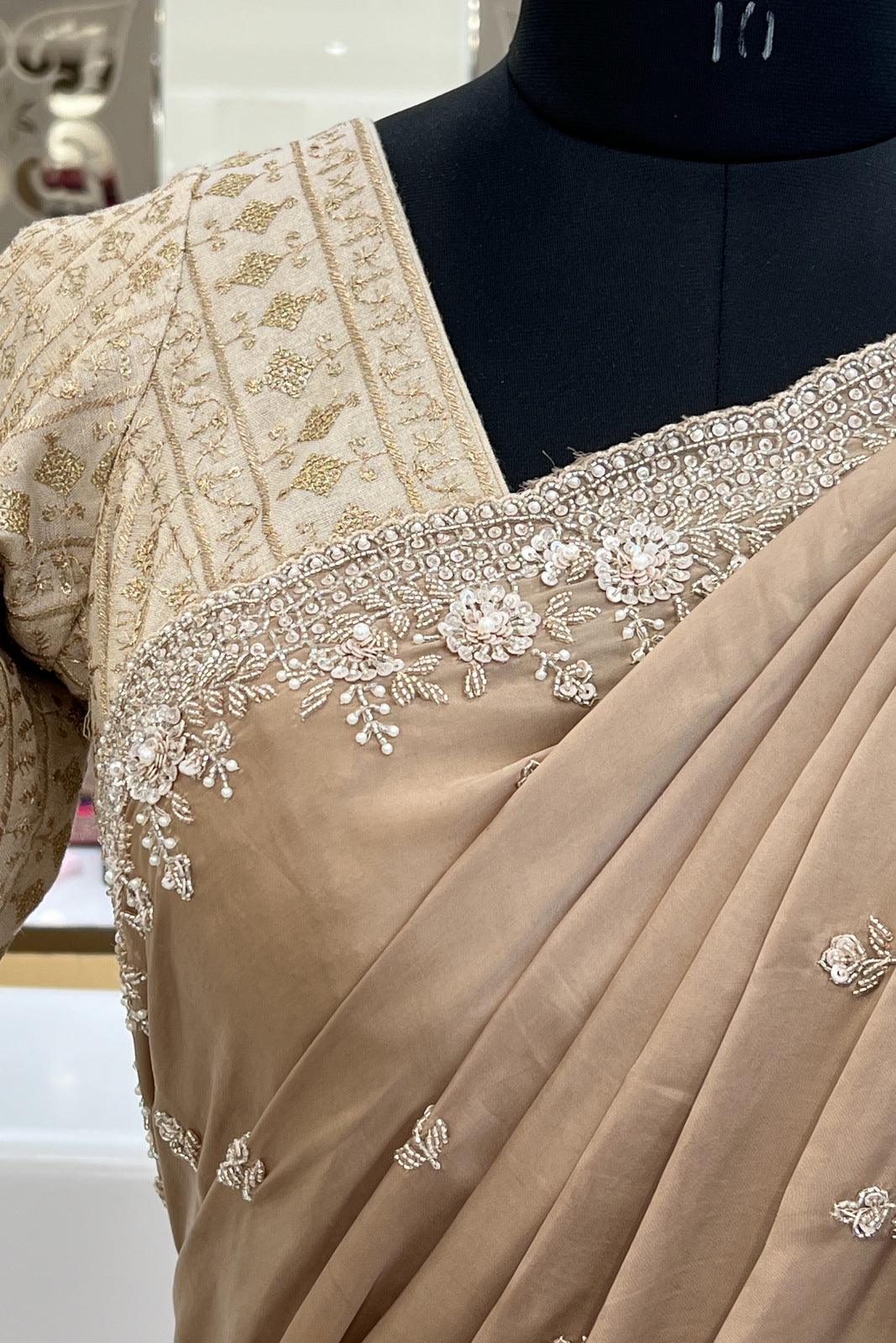Beige Beads, Sequins and Pearl work Saree with Matching Unstitched Des ...