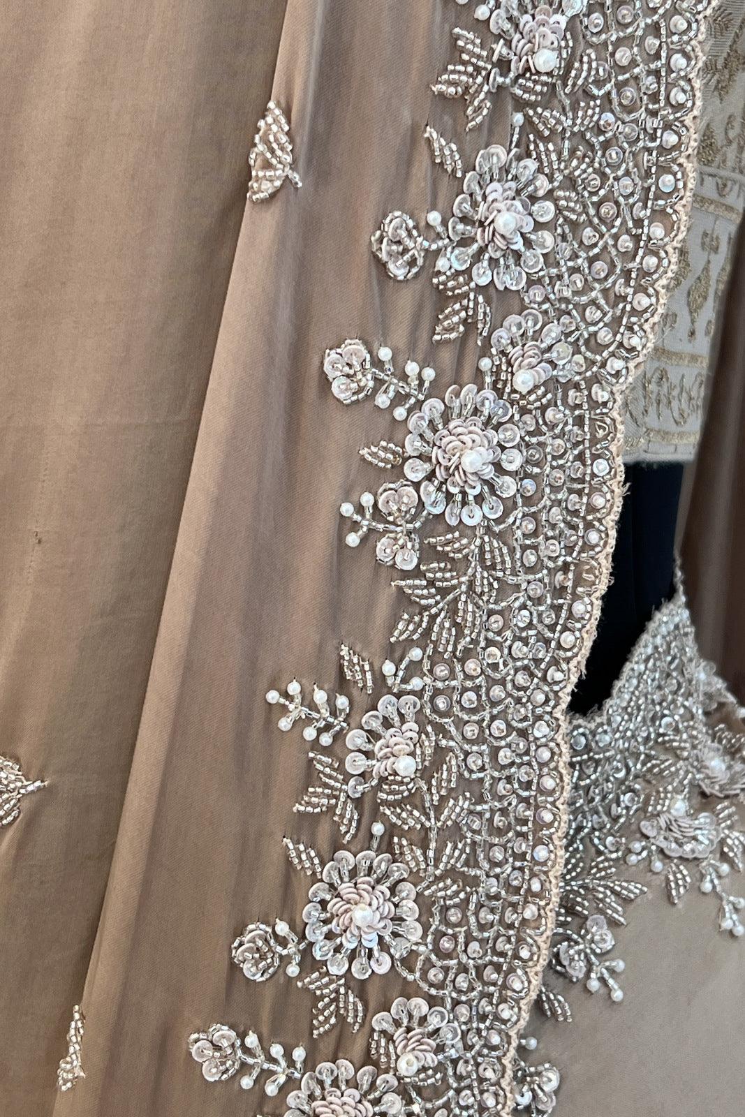 Beige Beads, Sequins and Pearl work Saree with Matching Unstitched Des ...