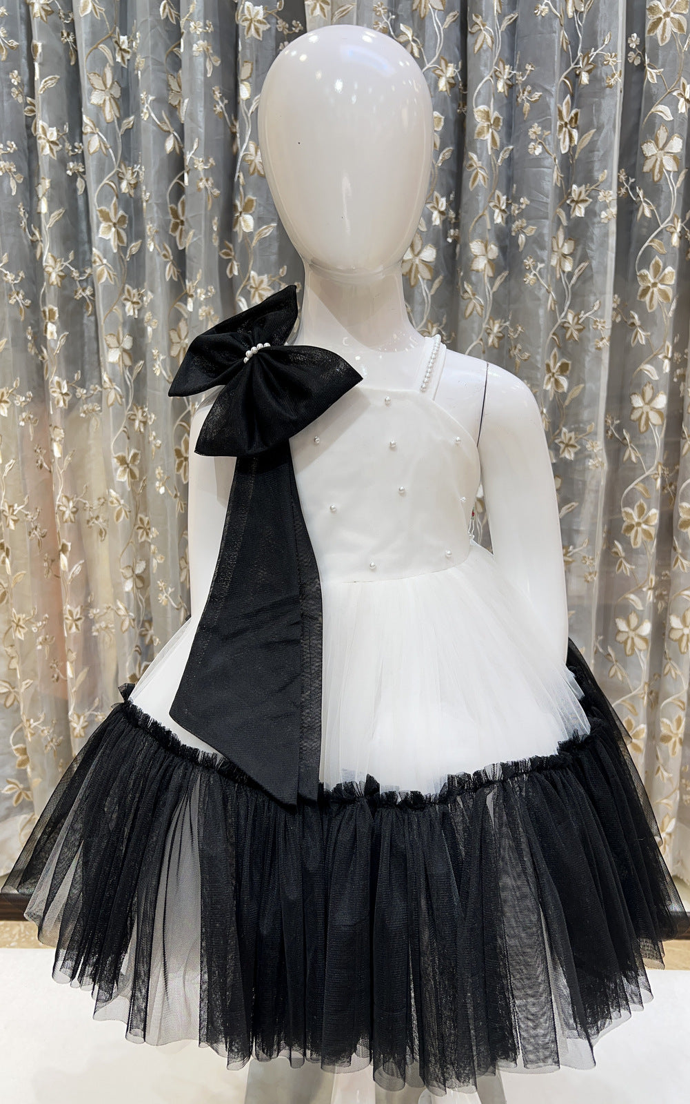 White with Black Pearl work Short Frock for Girls – Seasons Chennai