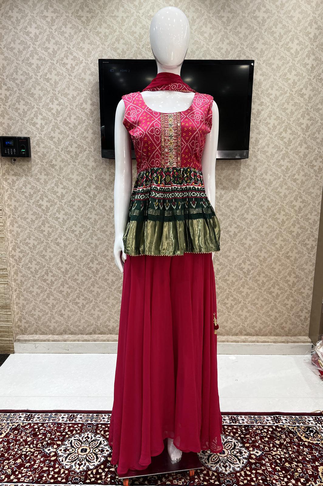 Rani Pink with Bottle Green Bandini Print and Banaras work Peplum Top ...