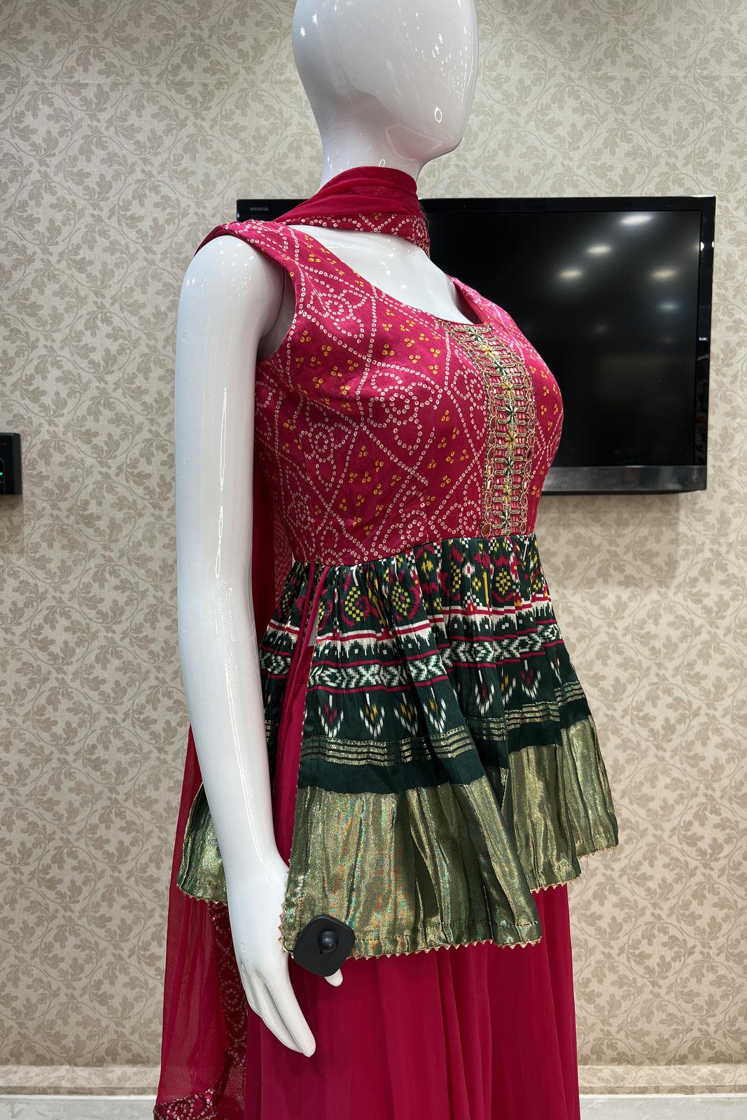 Rani Pink with Bottle Green Bandini Print and Banaras work Peplum Top ...