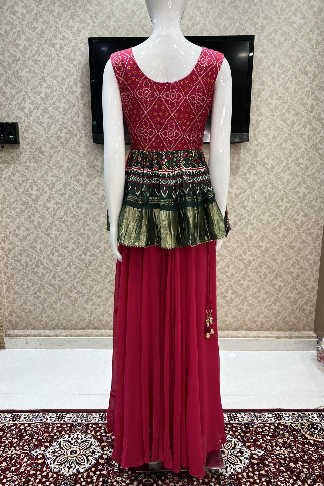Rani Pink with Bottle Green Bandini Print and Banaras work Peplum Top ...