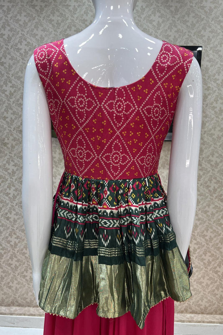 Rani Pink with Bottle Green Bandini Print and Banaras work Peplum Top ...