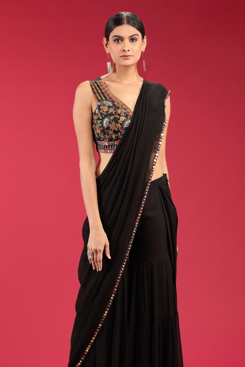 Black Multicolor Embroidery and Beads work Half Saree Styled Crop Top ...
