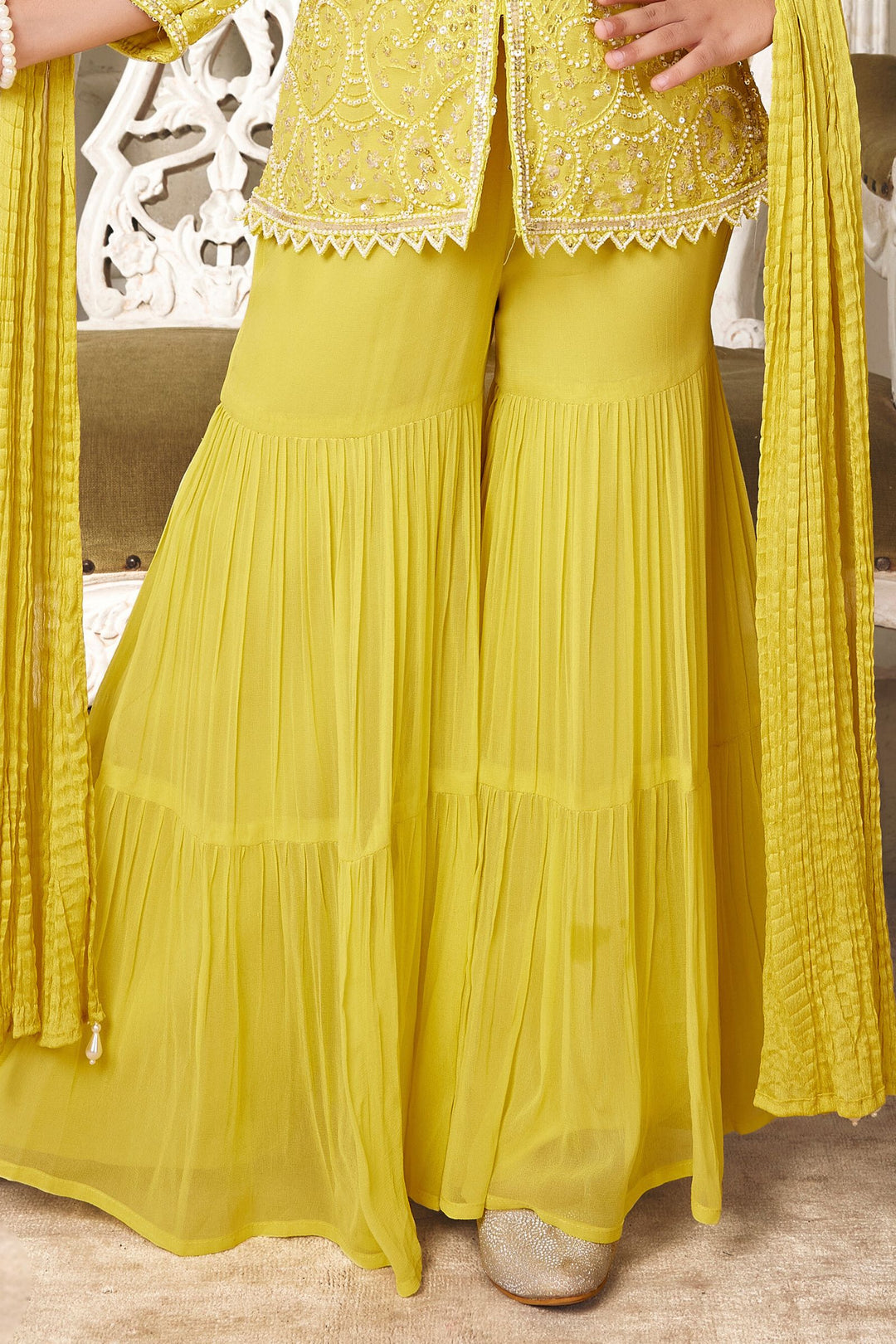 Yellow Beads, Sequins and Thread work Sharara Set for Girls with Belt ...