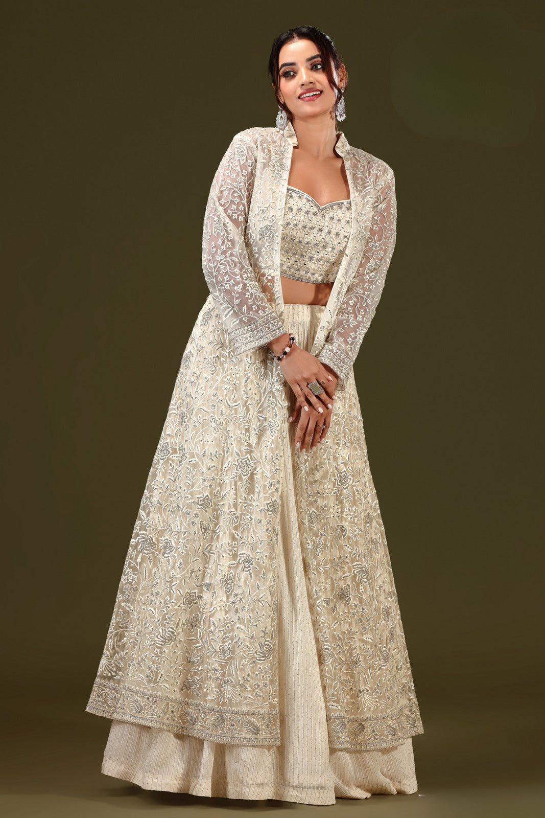 Cream Stone, Mirror and Embroidery work Long Overcoat Styled Crop Top ...