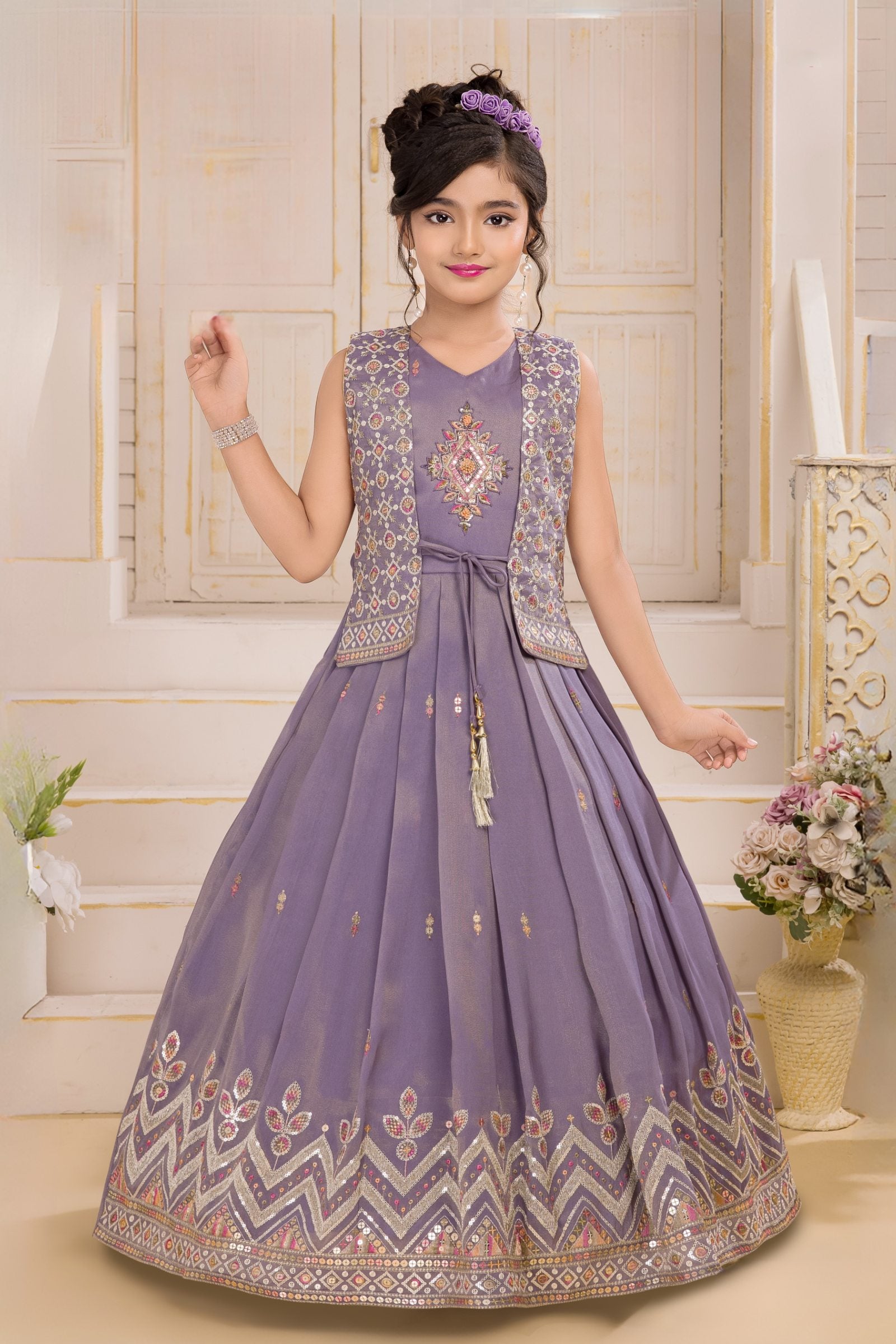 Lilac Sequins, Zari and Multicolor Thread work Jacket Styled Long Part ...