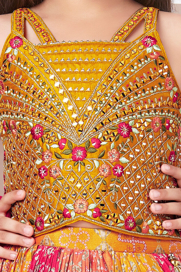 Mustard with Multicolor Bandini Print and Mirror work Lehenga Choli fo ...