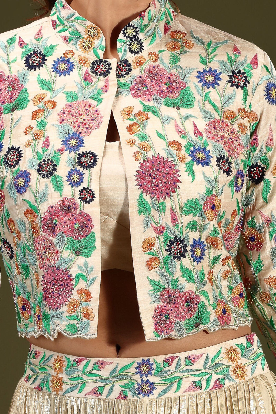 Fawn Multicolor Embroidery and Beads work Jacket Styled Crop Top Lehen ...