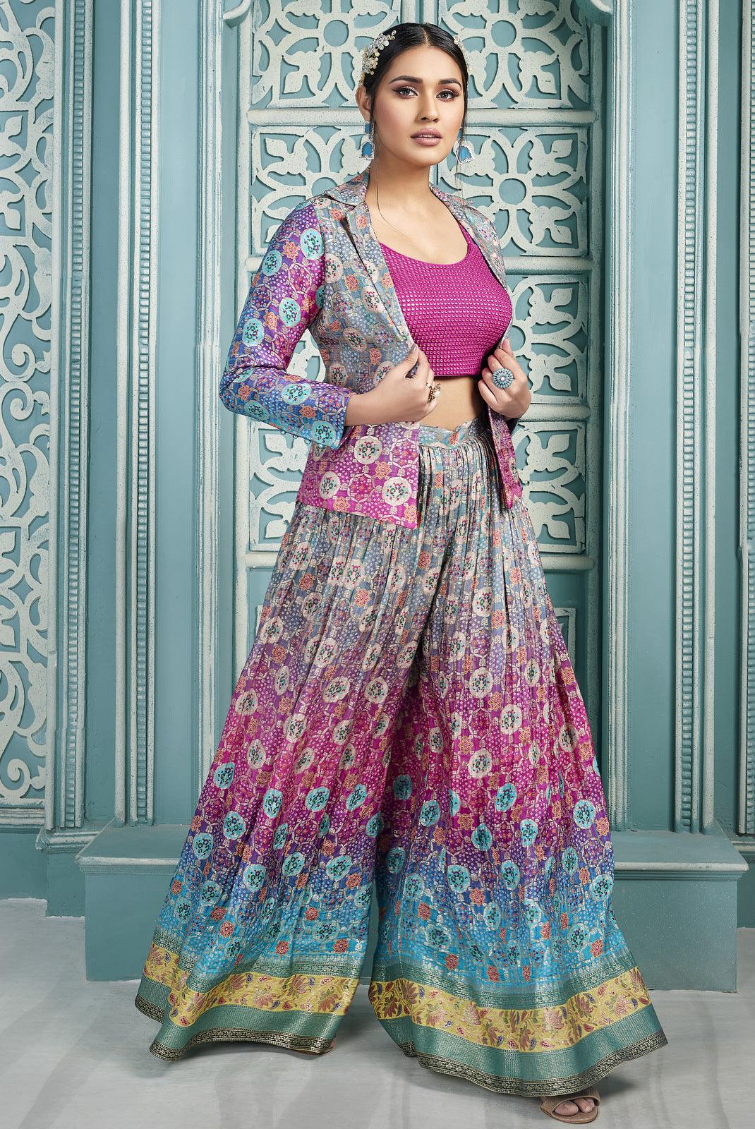 Pink with Greyish Blue Banaras work and Digital Print Crop Top with Ov ...