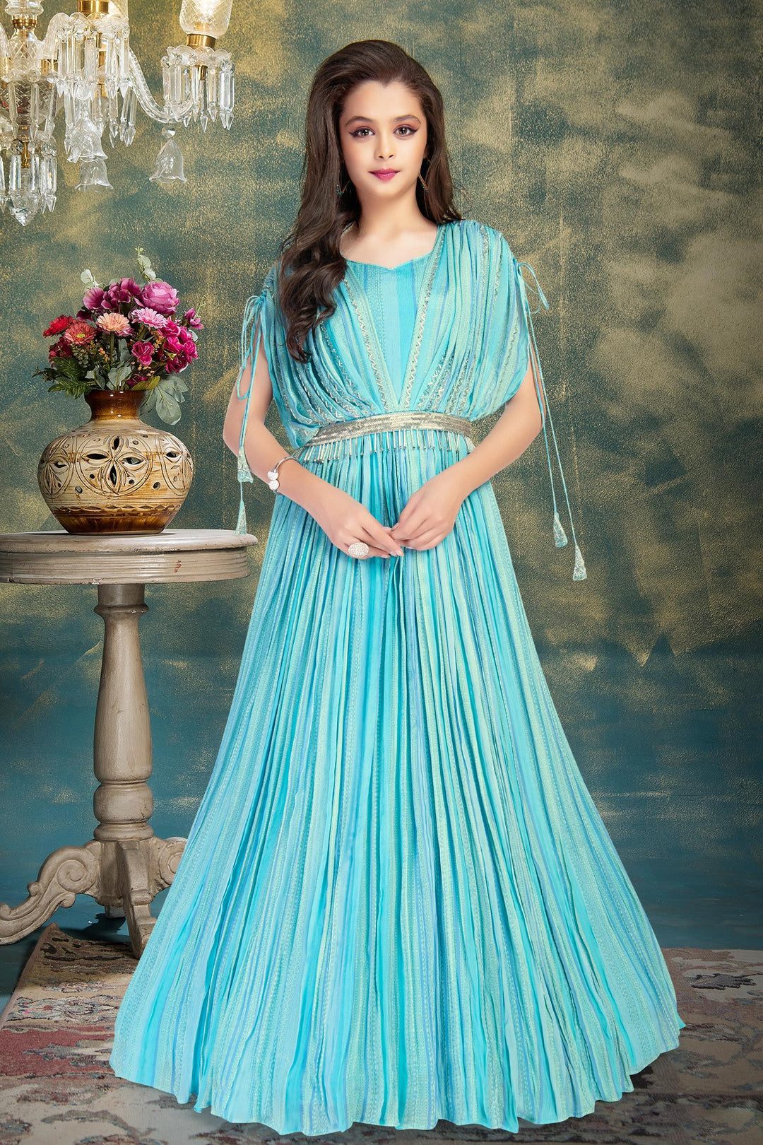 Firozi Blue Digital Print and Beads work Poncho Style Long Party Gown ...