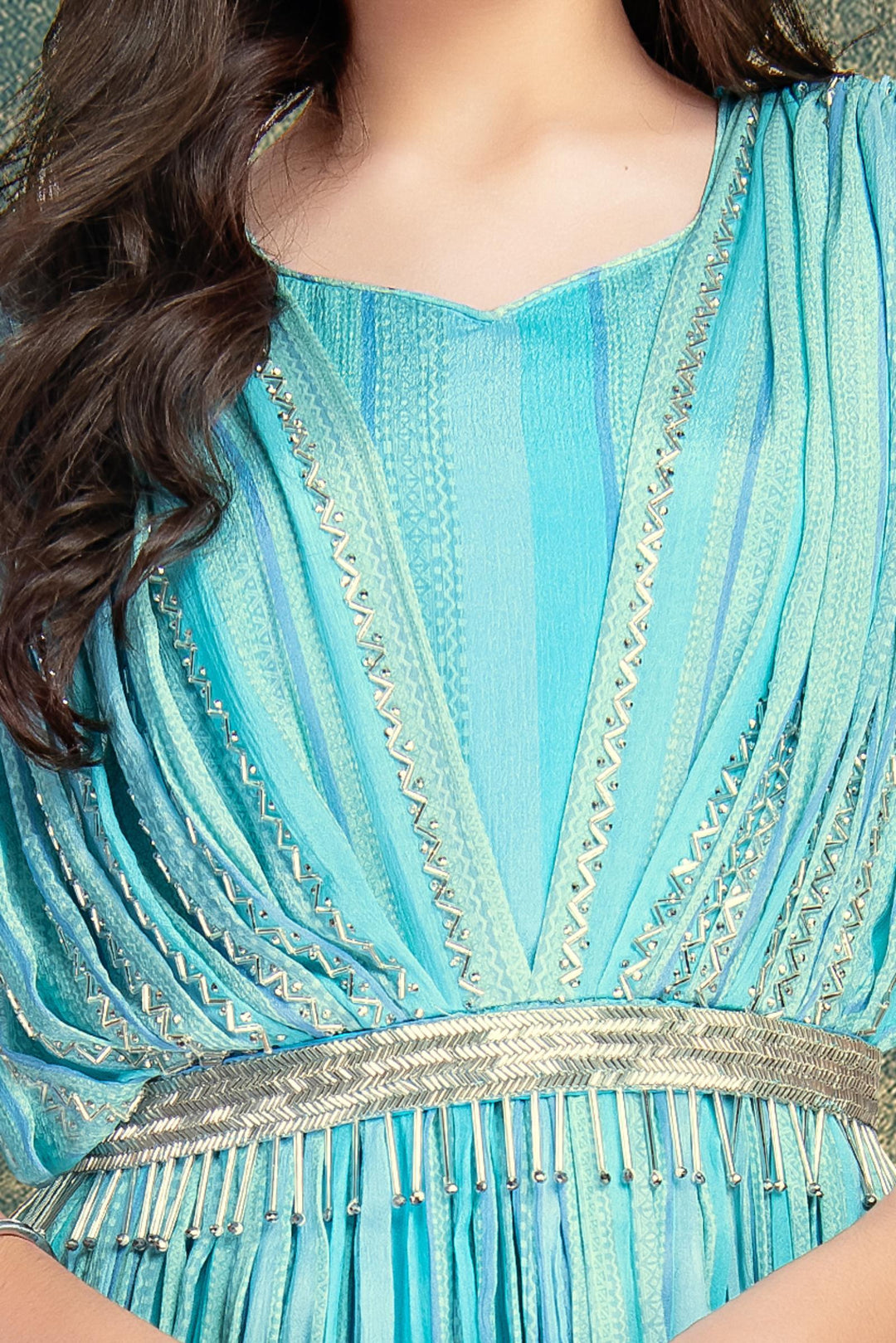 Firozi Blue Digital Print and Beads work Poncho Style Long Party Gown ...