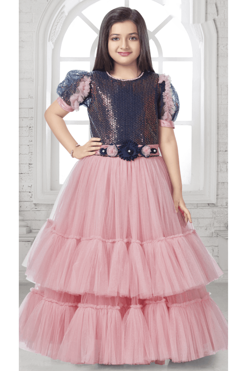 Pink with Navy Blue Sequins work Long Party Frock for Girls – Seasons ...