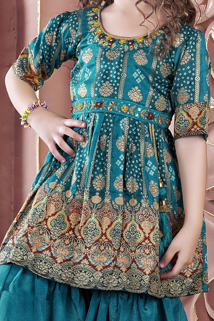 Peacock Blue Banaras work and Bandini Print Peplum Style Sharara Suit ...