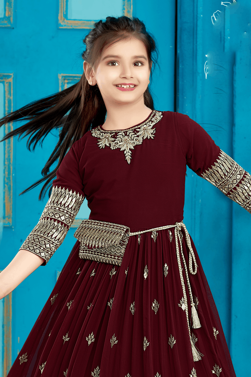Maroon Sequins, Stone and Zari work Long Party Gown for Girls with Mat ...