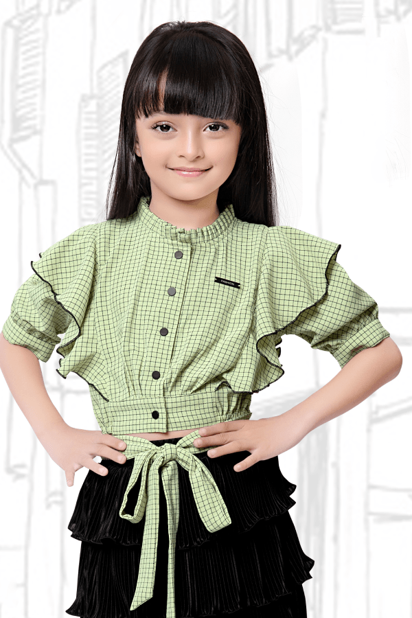 Green with Black Checked Printed Top and Divider Skirt for Girls ...